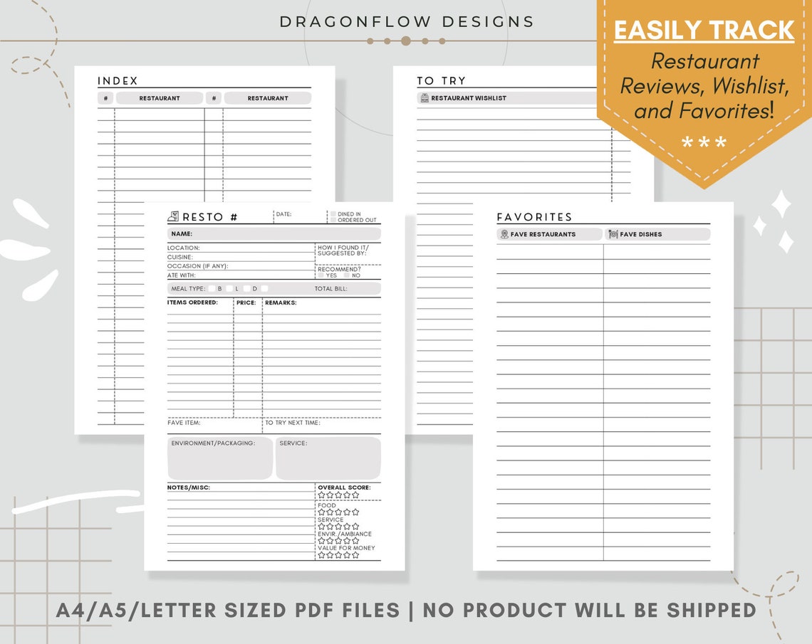 Restaurant Review Log Printable Download | Foodie Journal PDF Template ...