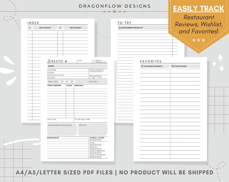 Restaurant Review Log Printable Download | Foodie Journal PDF Template ...