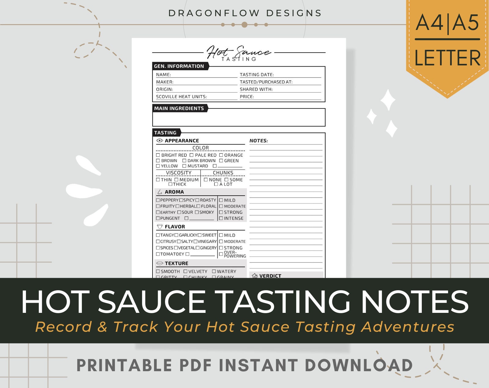 Hot Sauce Tasting Notes Journal PDF Printable | Template Sheet to Log ...