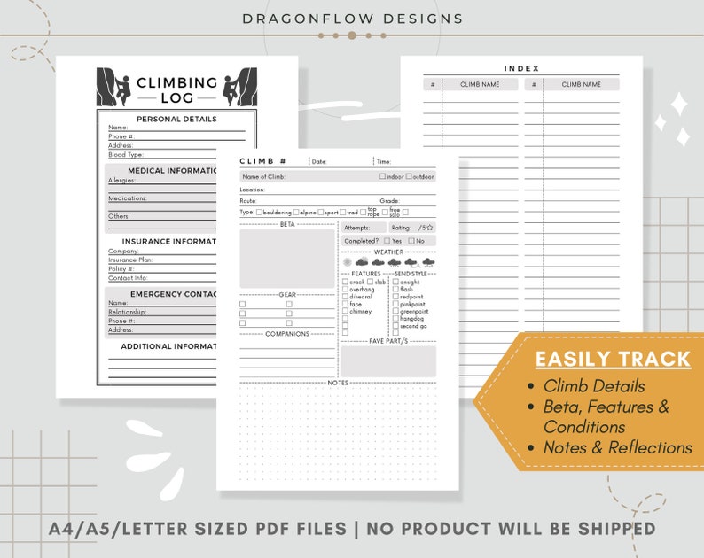 Rock Climbing Logbook PDF Printable Download | Journal Tracker Template ...