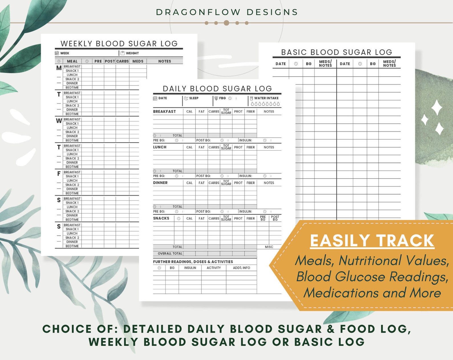 Blood Sugar & Food Tracker PDF Printable | Daily Glucose, Insulin ...