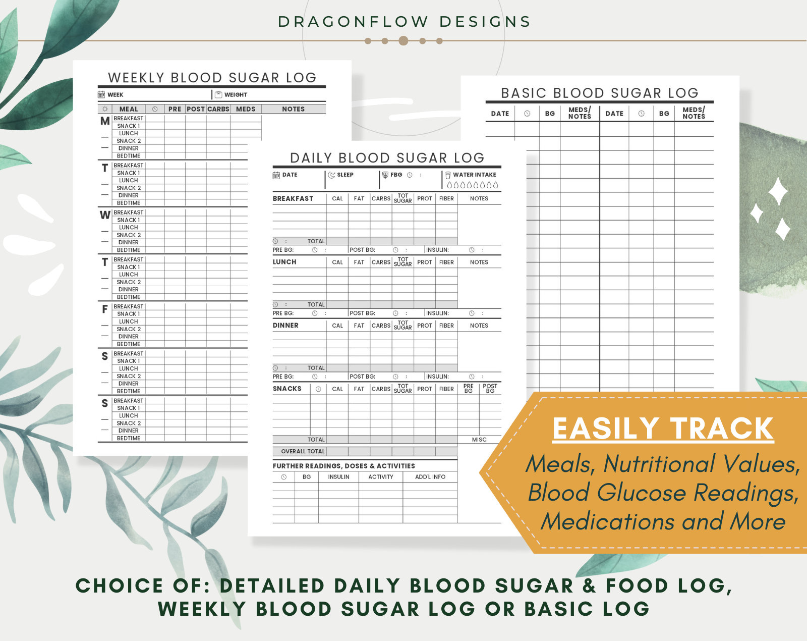 Blood Sugar & Food Tracker PDF Printable | Daily Glucose, Insulin ...