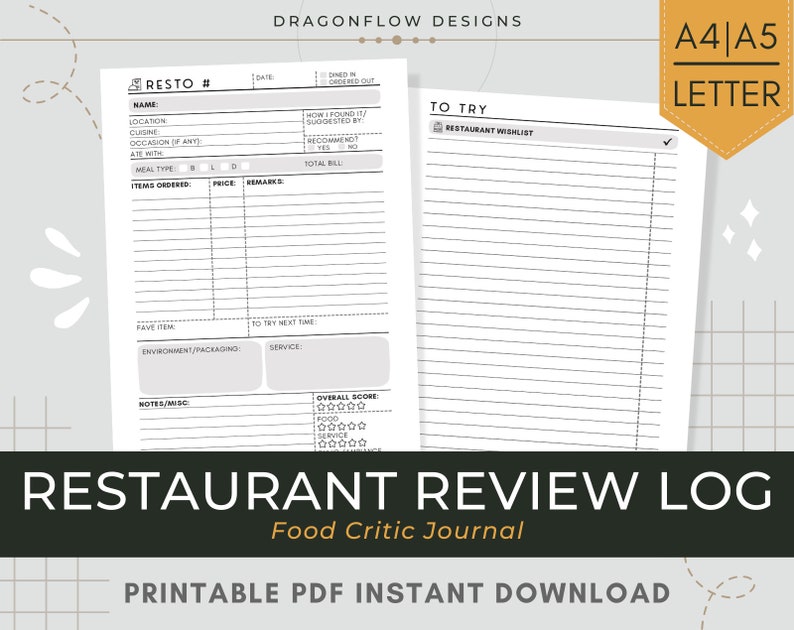Restaurant Review Log Printable Download Foodie Journal PDF Template ...