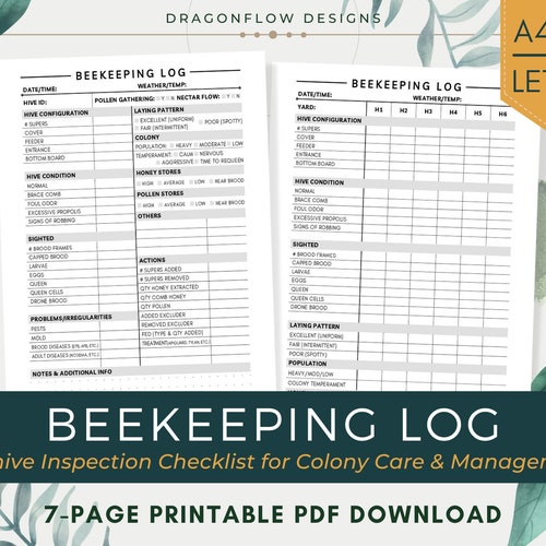Beekeeping Log Printable Download Beehive Inspection - Etsy
