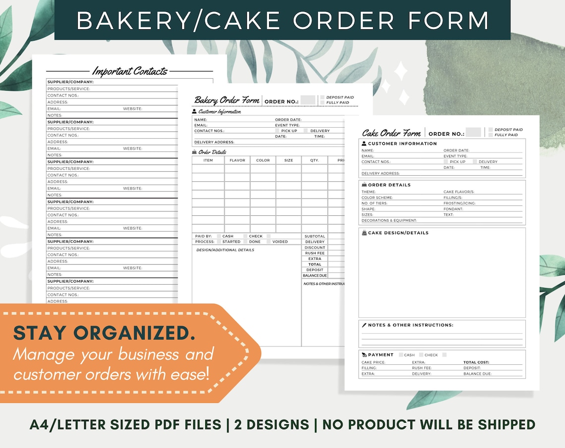 Cake Order Form and Bakery Invoice Form PDF Printable | Custom Cake and ...