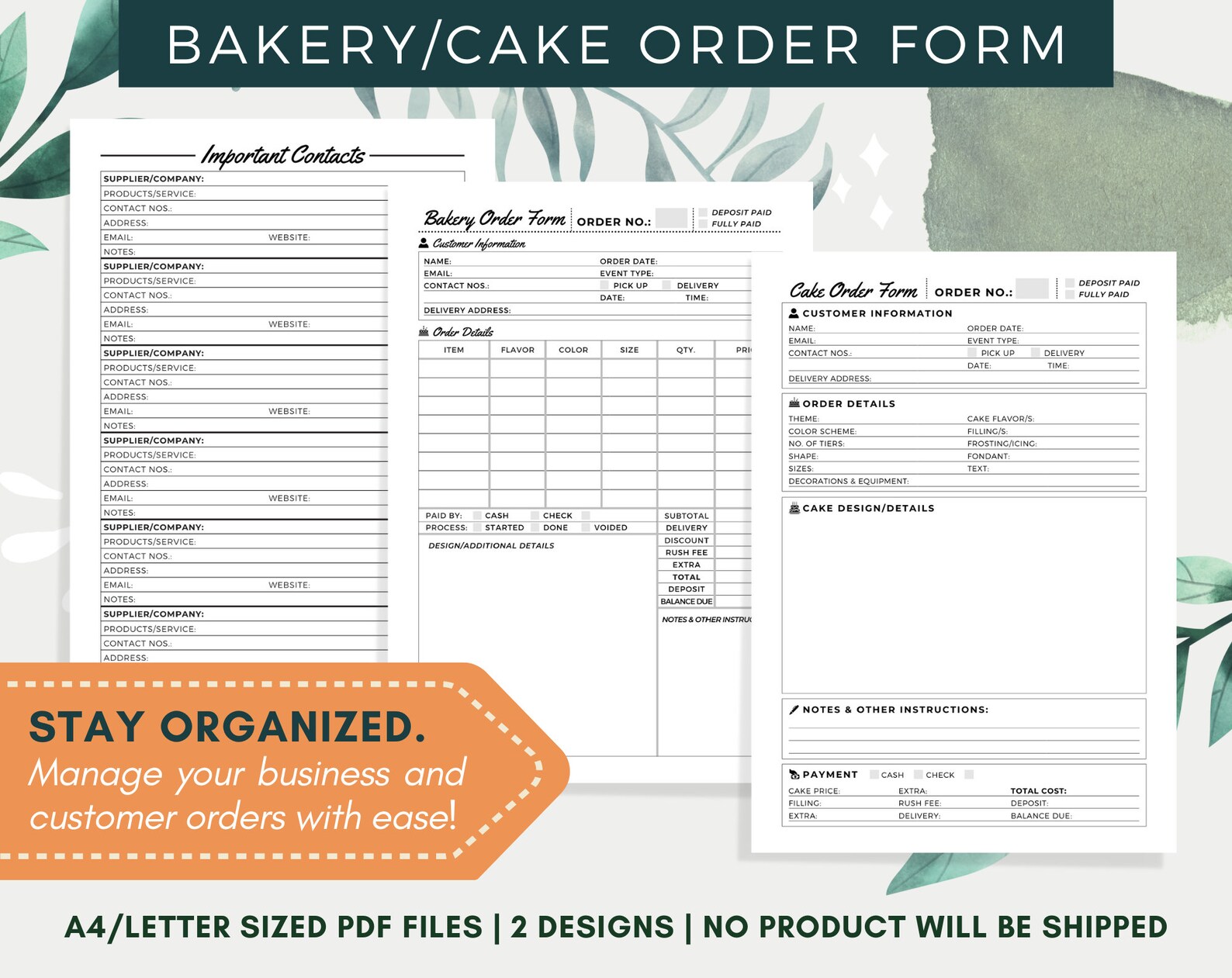 Cake Order Form and Bakery Invoice Form PDF Printable | Custom Cake and ...