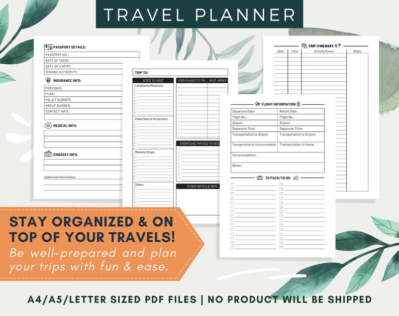 Travel Planner PDF Printable Download | Travel Itinerary Template ...