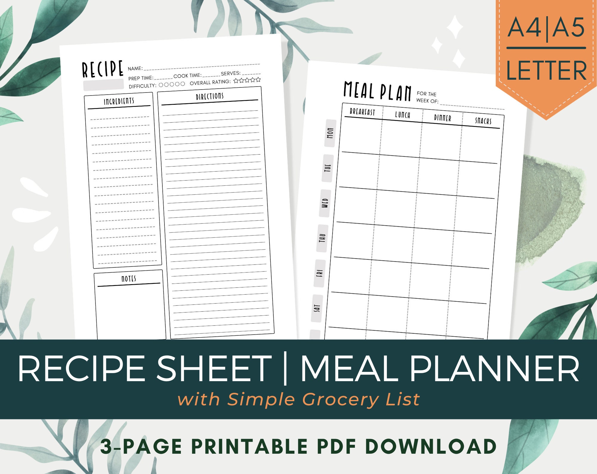 Recipe Template Printable Meal Planner With Grocery List PDF - Etsy
