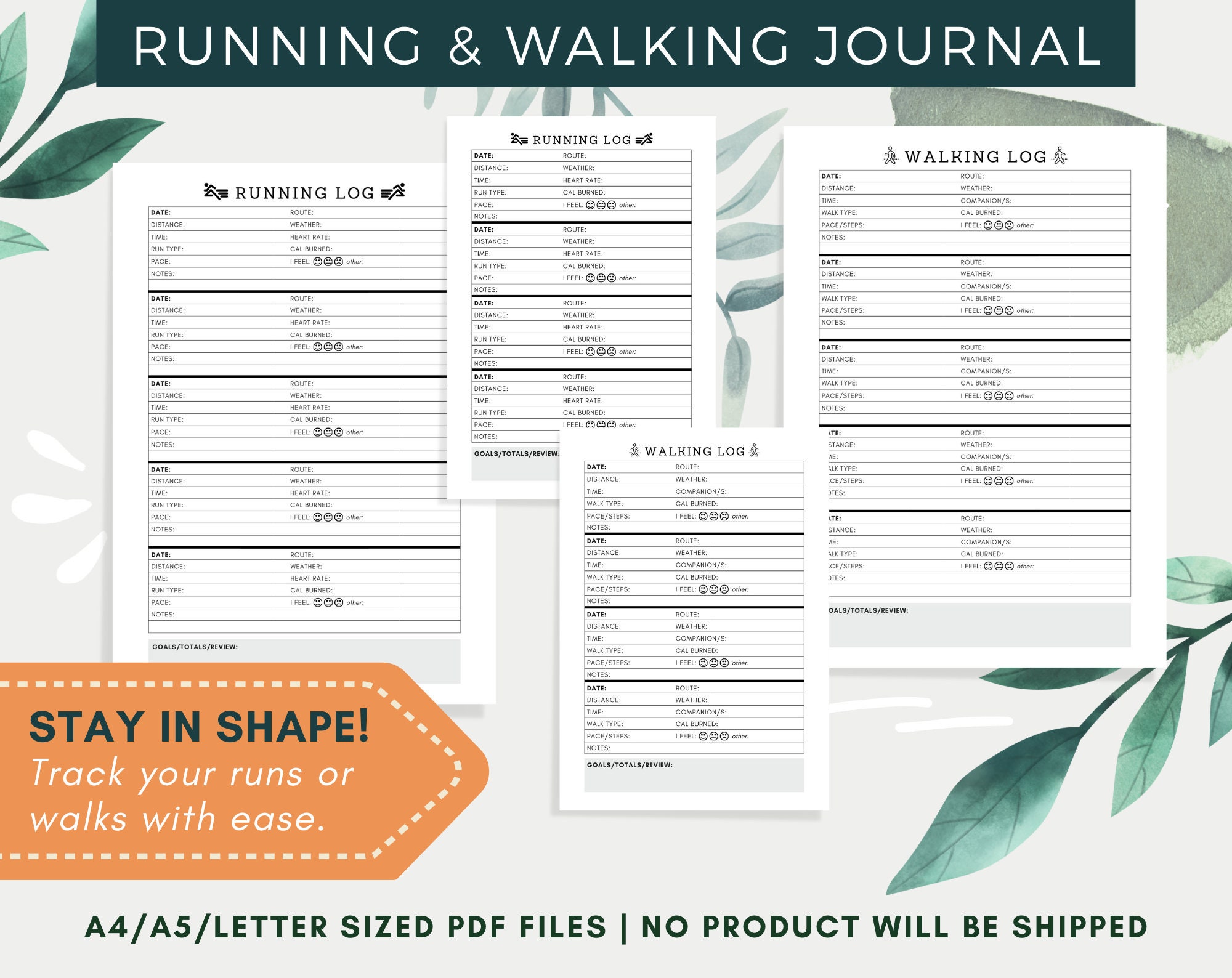 Running and Walking Tracker Printable PDF Download | Jogging Journal ...