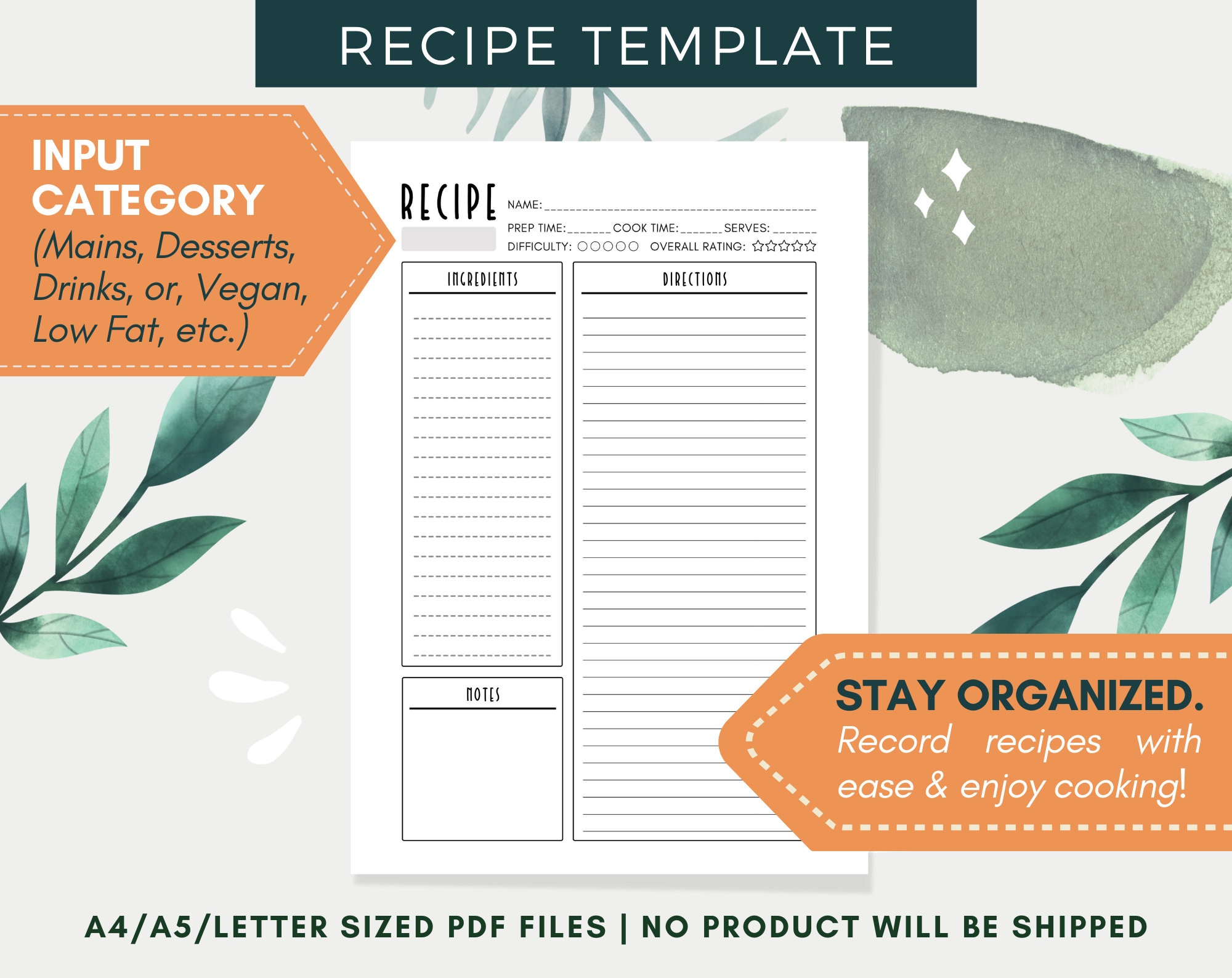 Recipe Template Printable Meal Planner With Grocery List PDF - Etsy
