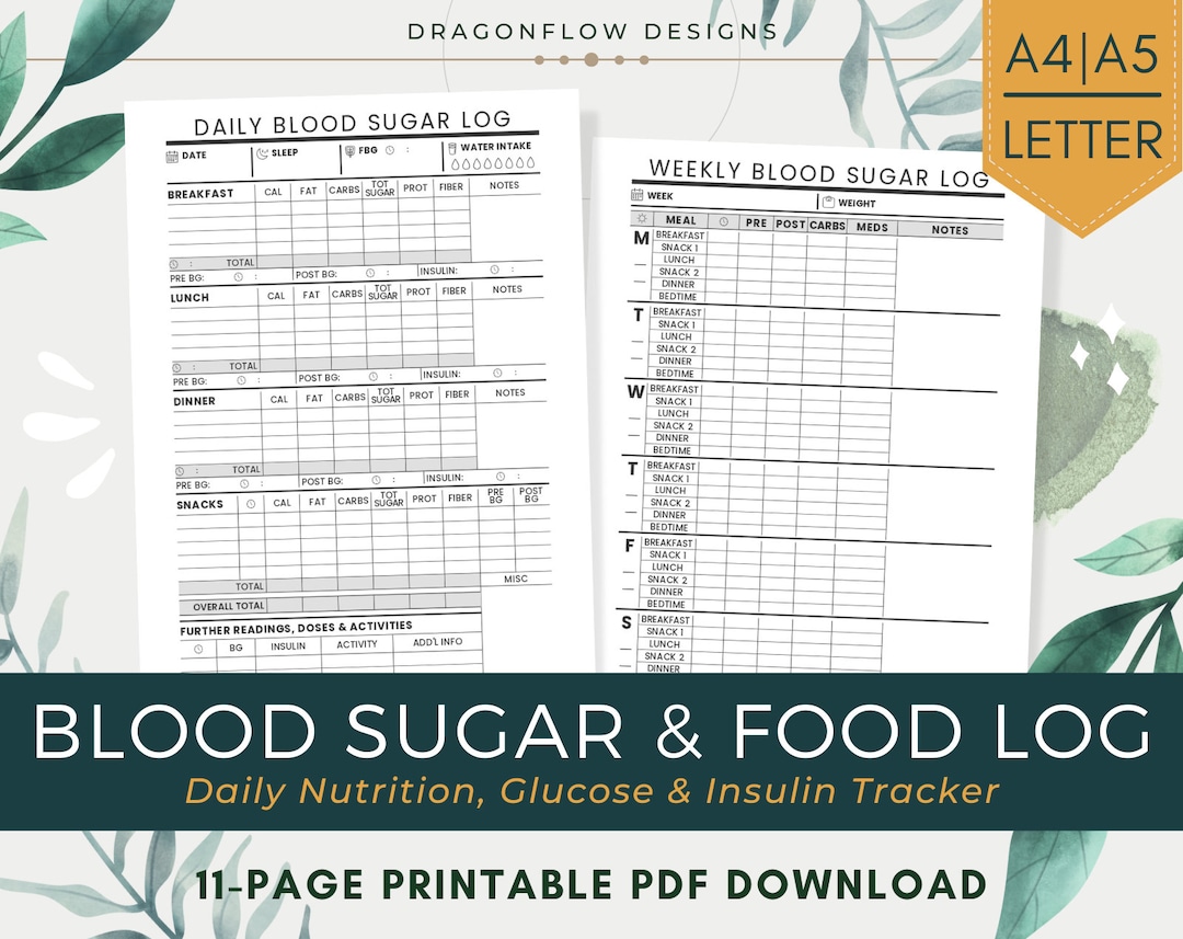 Blood Sugar & Food Tracker PDF Printable | Daily Glucose, Insulin ...