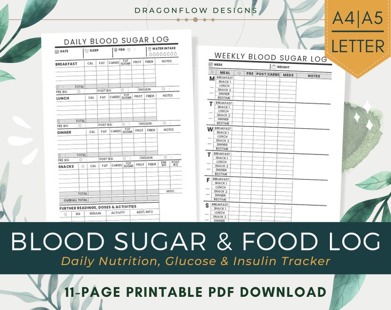 Blood Sugar & Food Tracker PDF Printable | Daily Glucose, Insulin ...