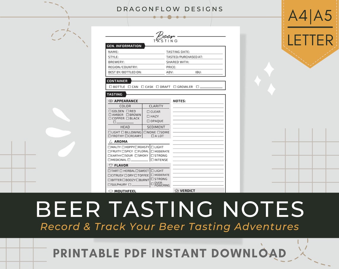 Beer Tasting Notes Journal PDF Printable | Template Sheet to Write in ...