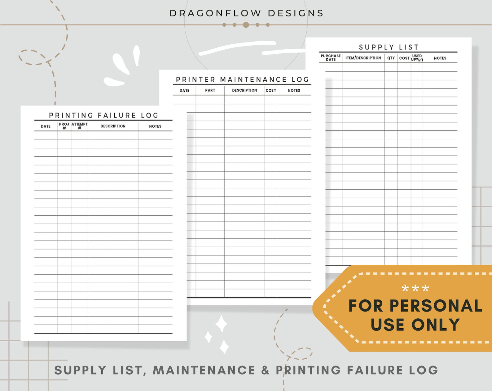 3D Printing Log Printable Download, Record Project Details, Print ...