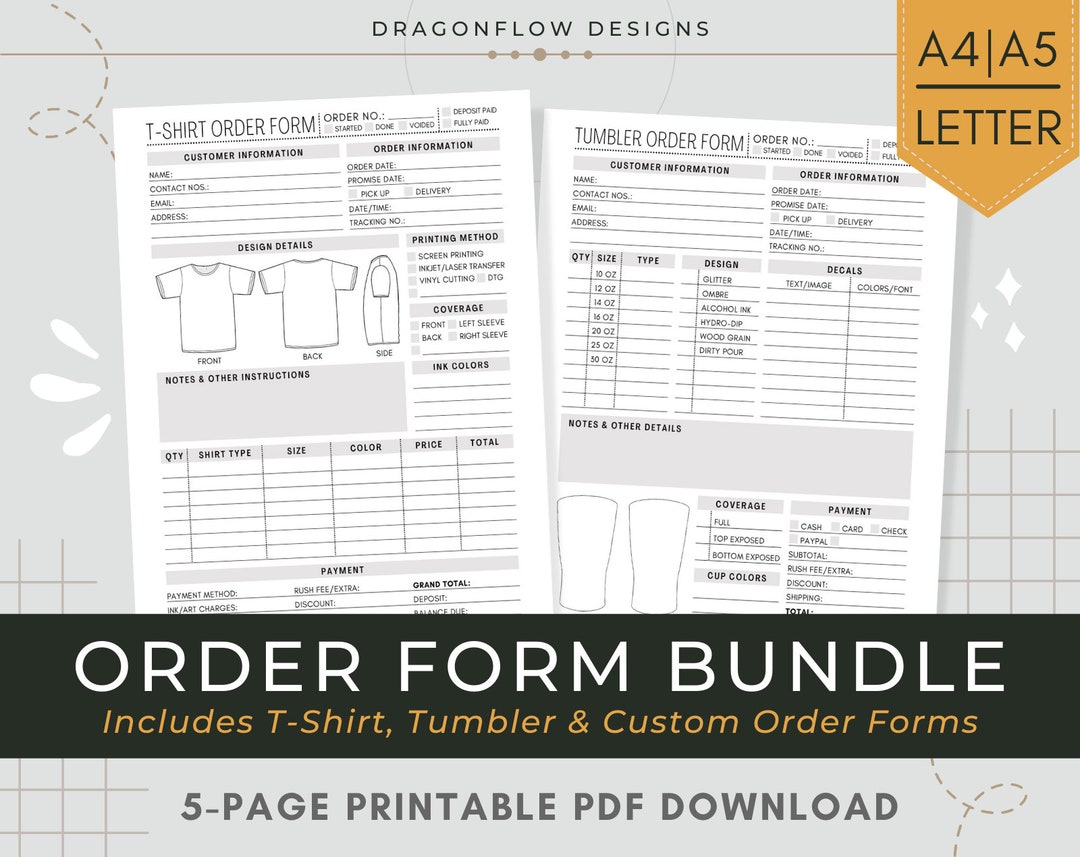 Order Form Printable: T-shirt, Tumbler & Custom Order Form Templates ...