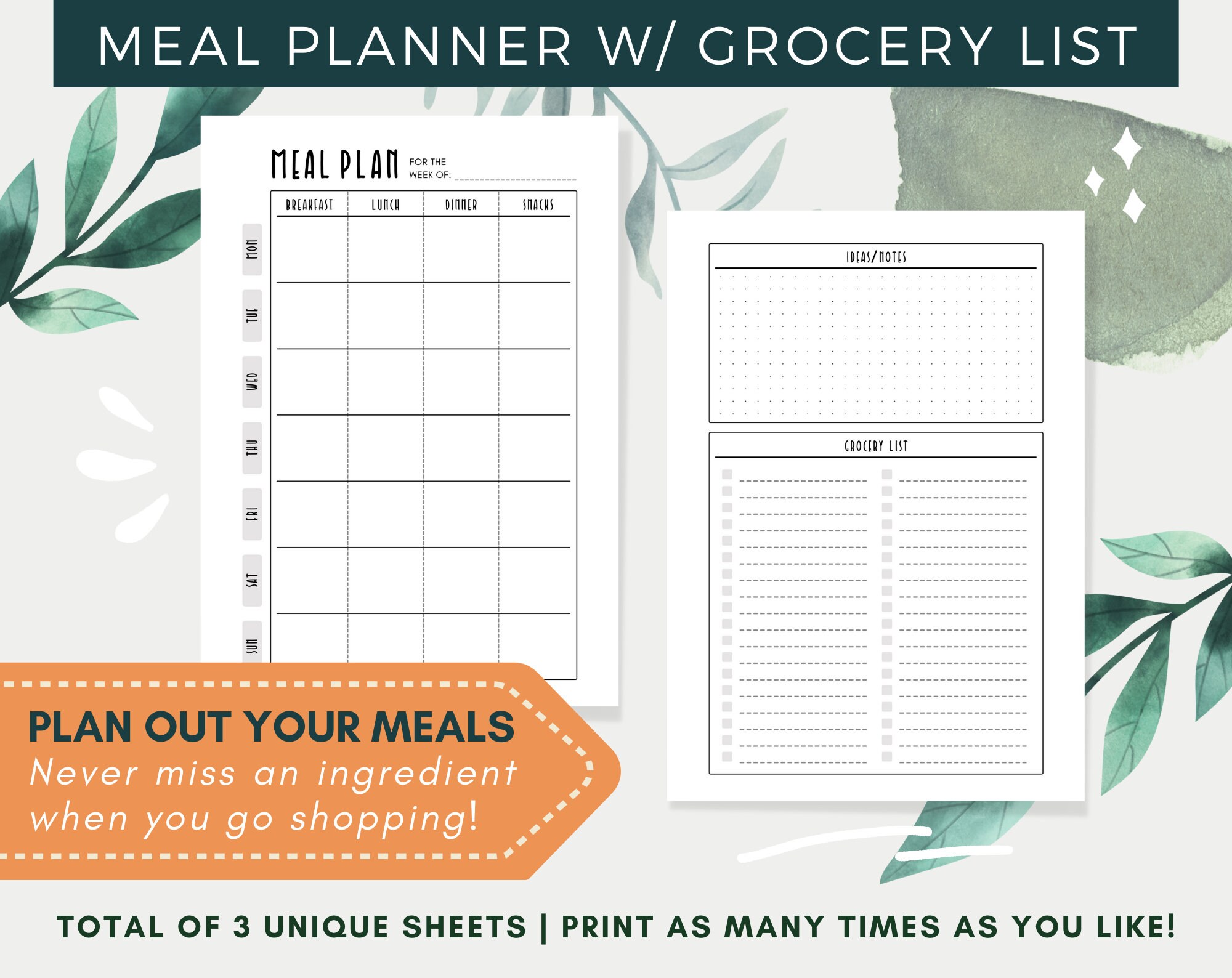 Recipe Template Printable Meal Planner With Grocery List PDF - Etsy