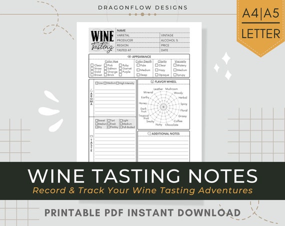 Wine Tasting Notes Journal PDF Printable Download Template | Etsy