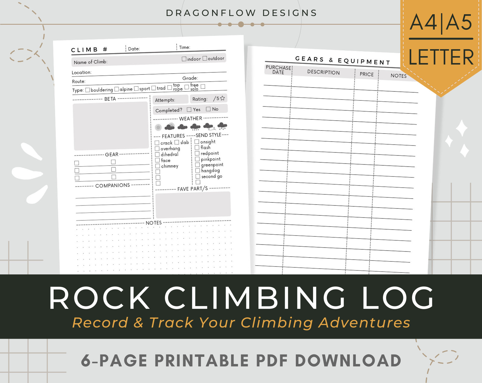 Rock Climbing Logbook PDF Printable Download | Journal Tracker Template ...