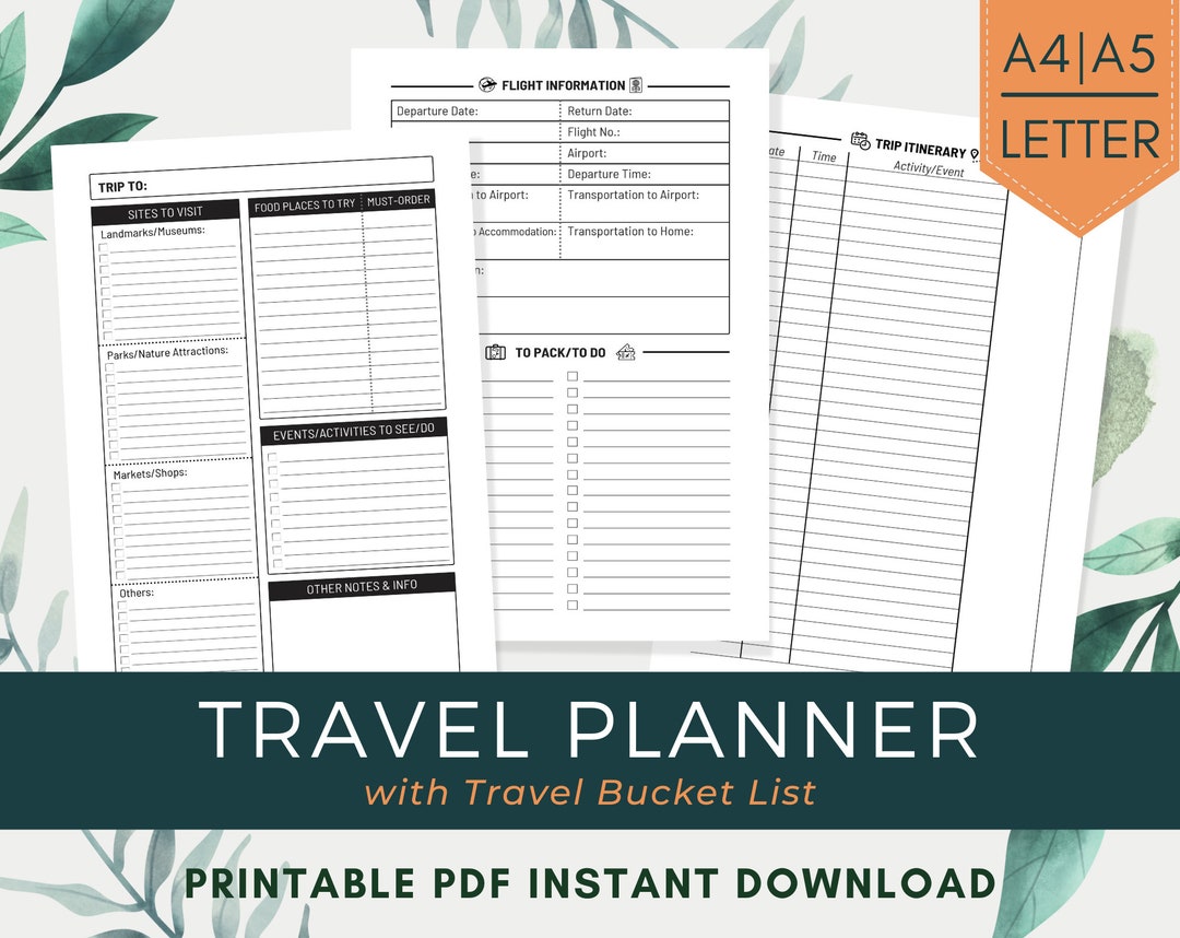 Travel Planner PDF Printable Download | Travel Itinerary Template ...