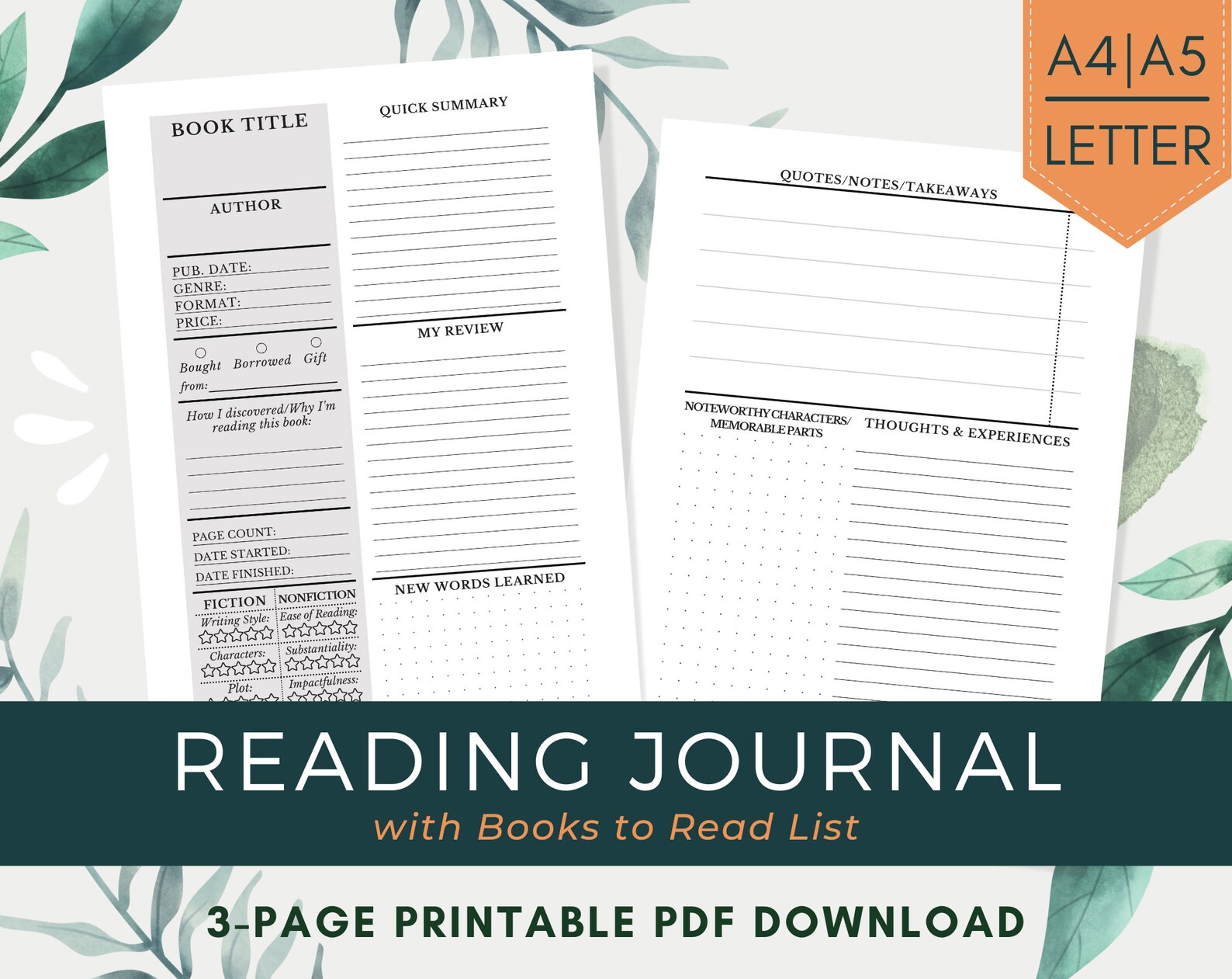 Reading Journal Printable PDF Download | Book Review Template | Reading ...