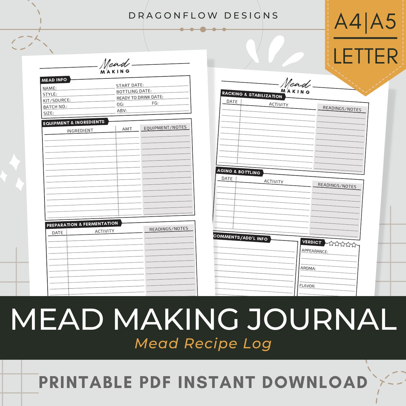 Mead Making Journal PDF Download | Homemade Honey Wine Recipe Logbook ...