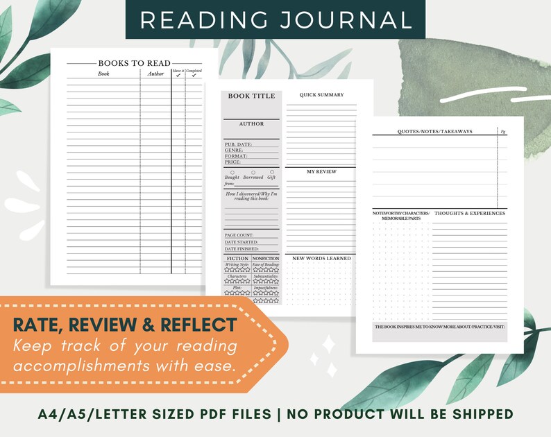 Reading Journal Printable PDF Download | Book Review Template | Reading ...