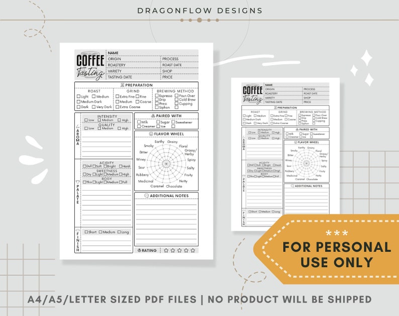 Coffee Tasting Notes Journal PDF Printable Download | Template Sheet to ...