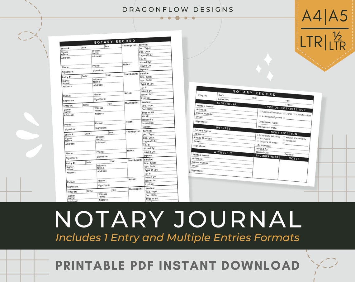 Notary Journal PDF Printable Download | Notary Public Record Template ...