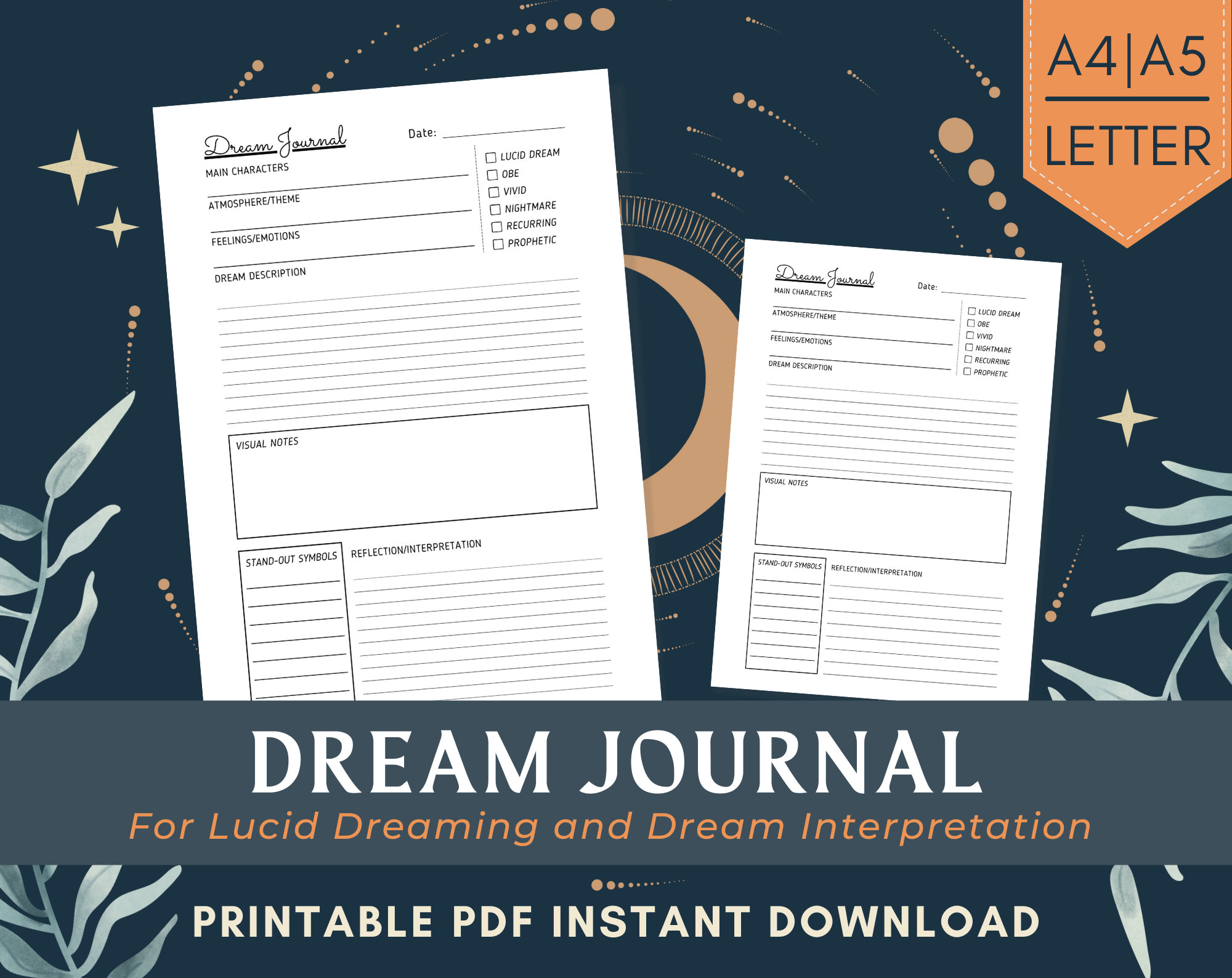 Dream Journal PDF Printable Dream Tracker Diary Digital File Download ...