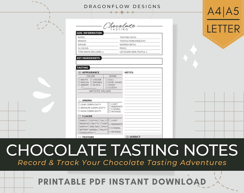 Chocolate Tasting Notes Journal PDF Printable | Template Sheet to Log ...