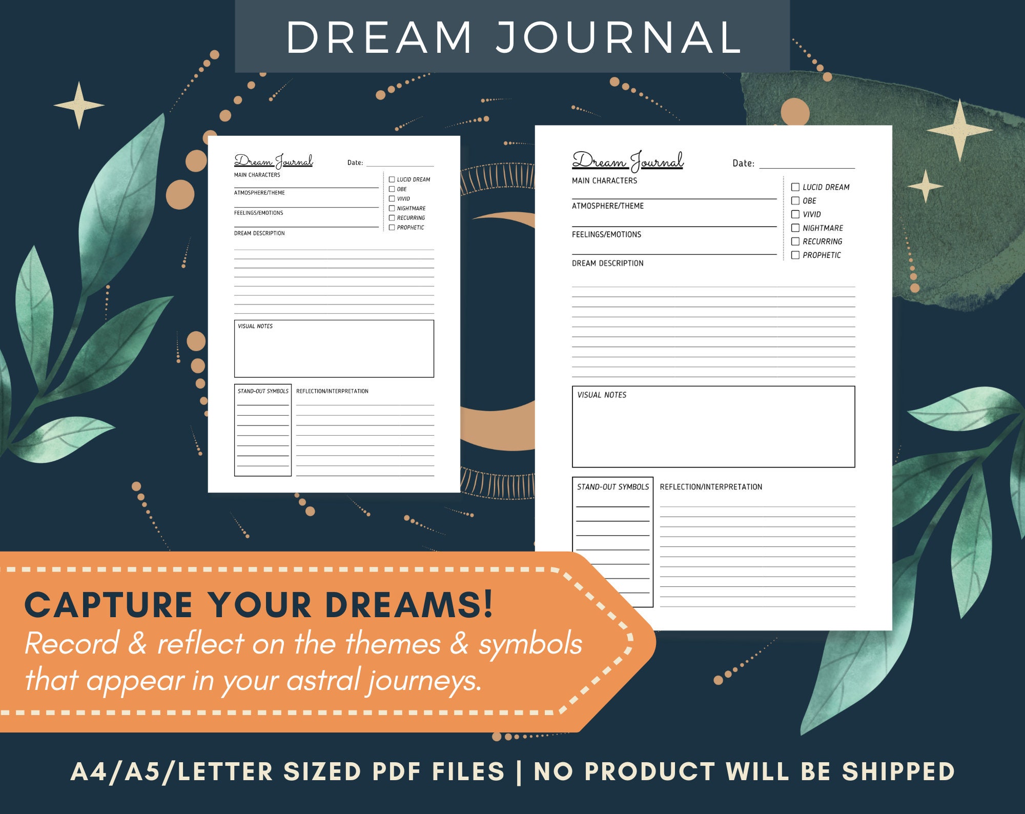 Dream Journal PDF Printable Dream Tracker Diary Digital File Download ...