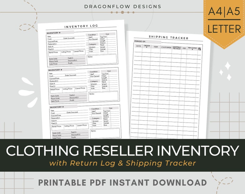 Clothing Reseller Inventory Log PDF Printable | Fashion Product Listing ...