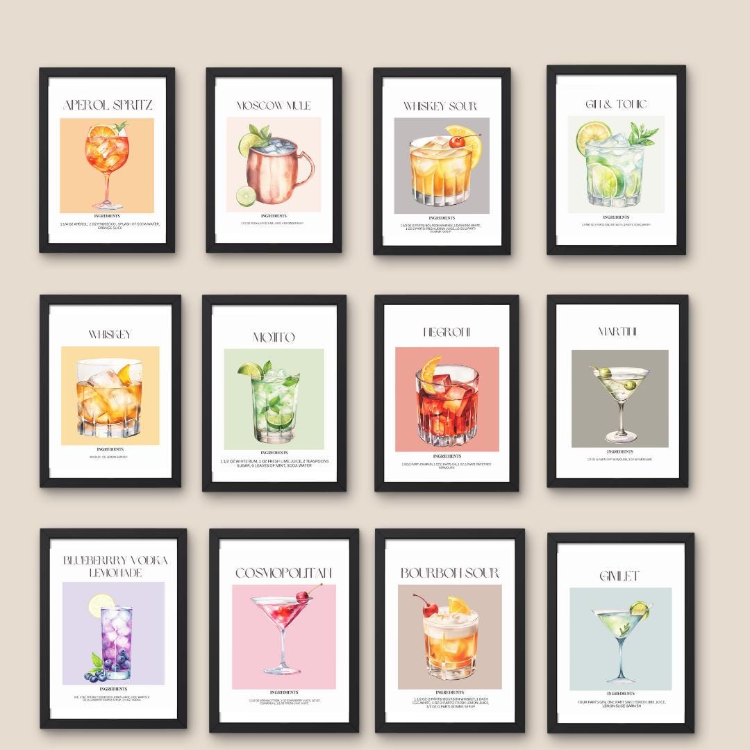 14 Individual Cocktail Posters, Bar Posters, Bar Cart, Cocktail Prints ...