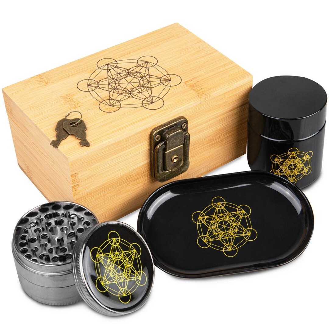 Metatron's Cube Stash Box Combo: Locking Bamboo Box With Grinder, Jar ...