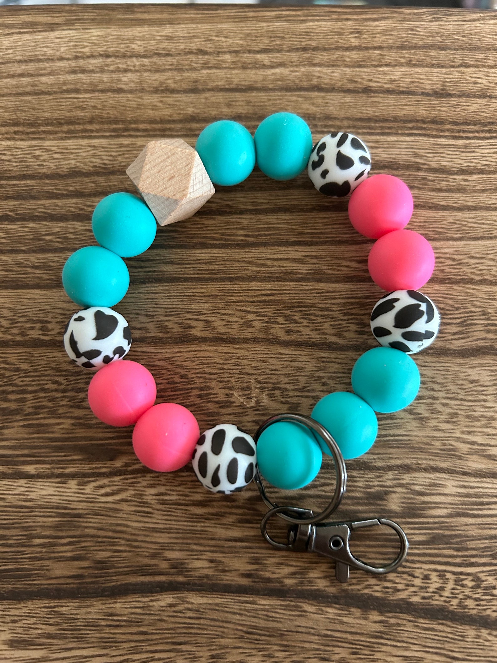 Wristlet Keychain Black Cow Print , Pink and Teal Color Wristlet ...