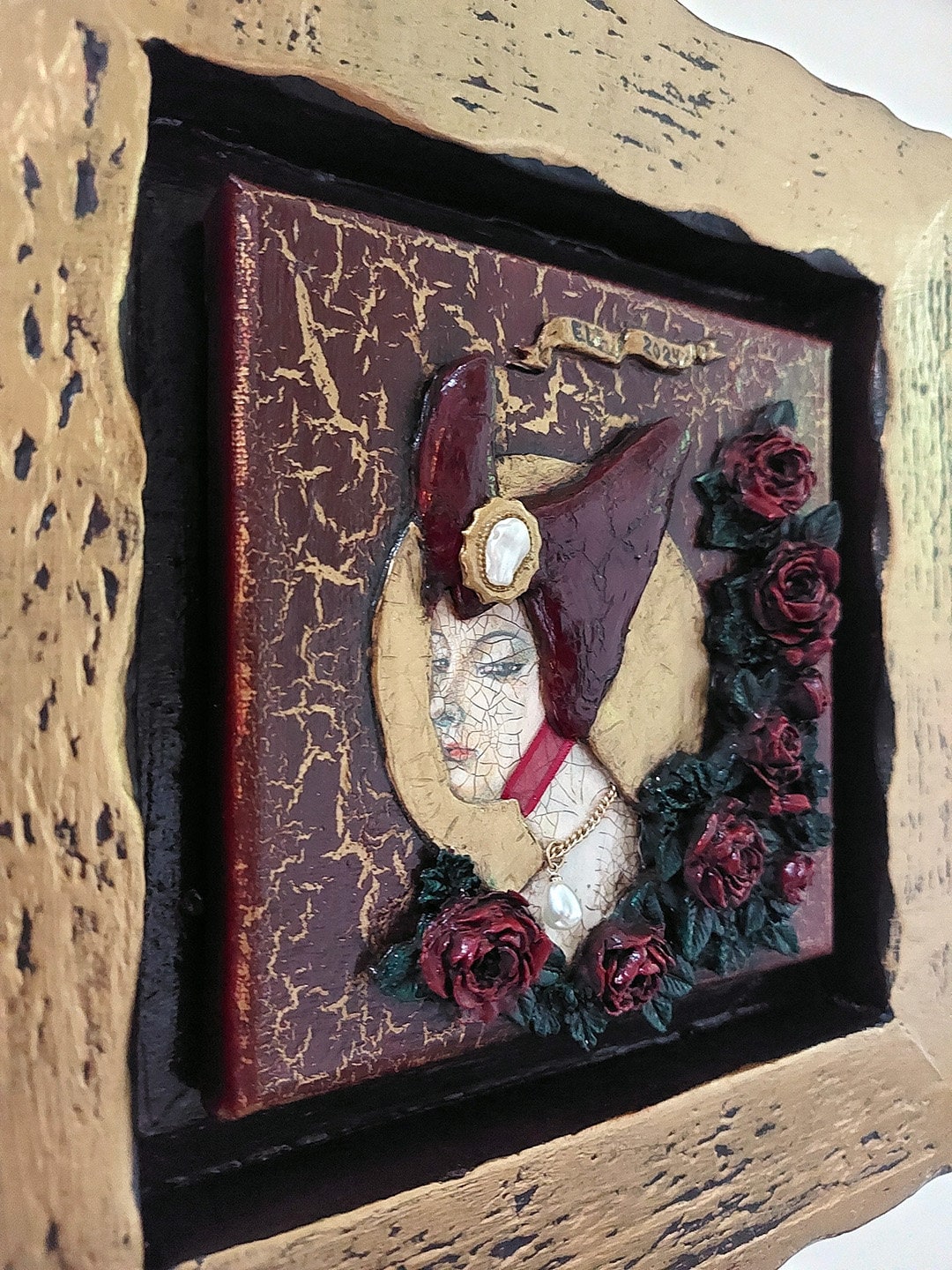 Crimson Queen With Horns Reliquary - OOAK Gilded Clay Portrait Wall Art ...