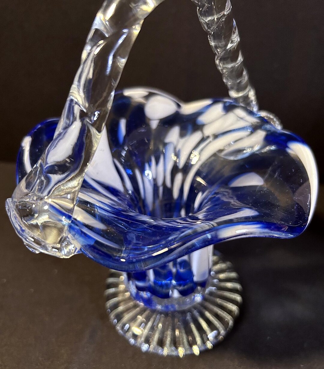 Vintage Small Hand-blown Glass Basket Twisted Handle Blue & White ...