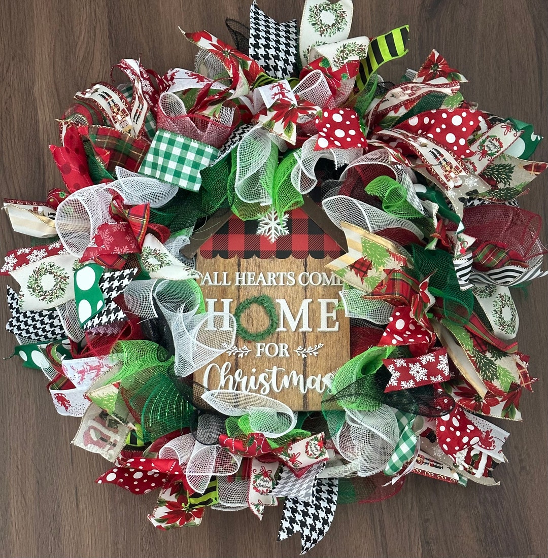 26 Deco Mesh & Wired Ribbon Christmas Wreath all Hearts Come Home for ...