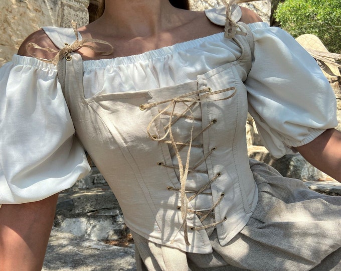 Ivy Green Linen Corset Dress | Renaissance Bodice Stays With Skirt ...