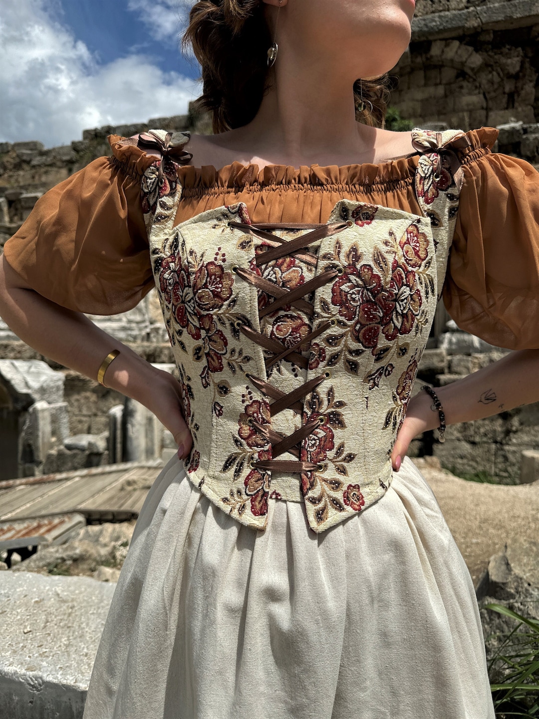 Renaissance Corset, Peasant Bodice, Embroidered Corset, Straps Festival Corset, Overbust Made to ...