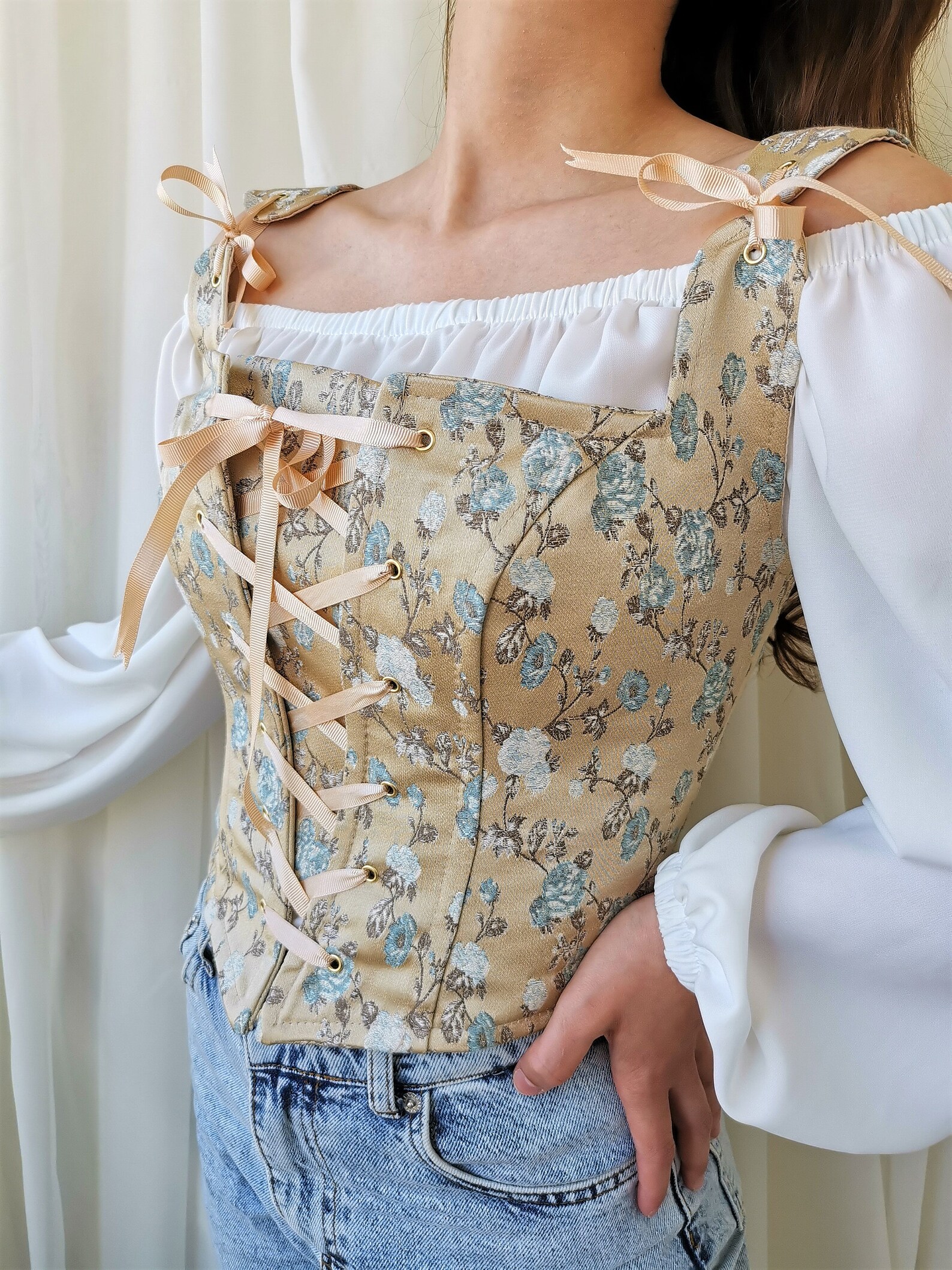 Renaissance Corset Peasant Bodice Floral Pattern Straps | Etsy