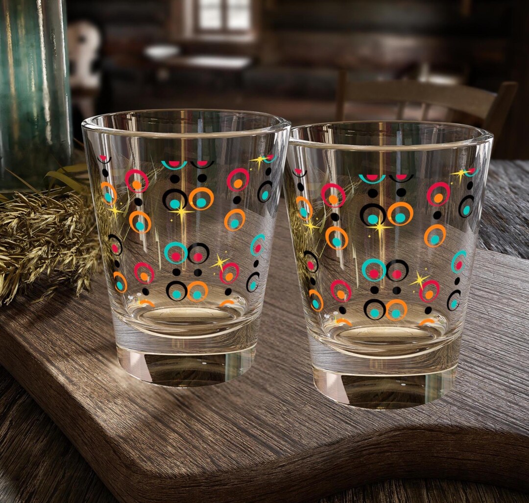 Mid Century Modern Sunburst Shot Glasses Set of 2, Atomic Cat Retro 50s ...