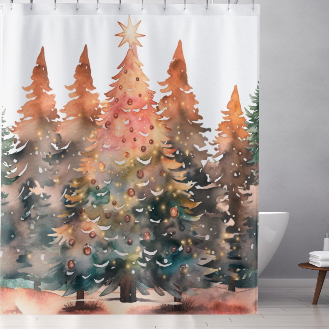 Christmas Pine Tree Shower Curtain, Watercolor Winter Forest Holiday ...