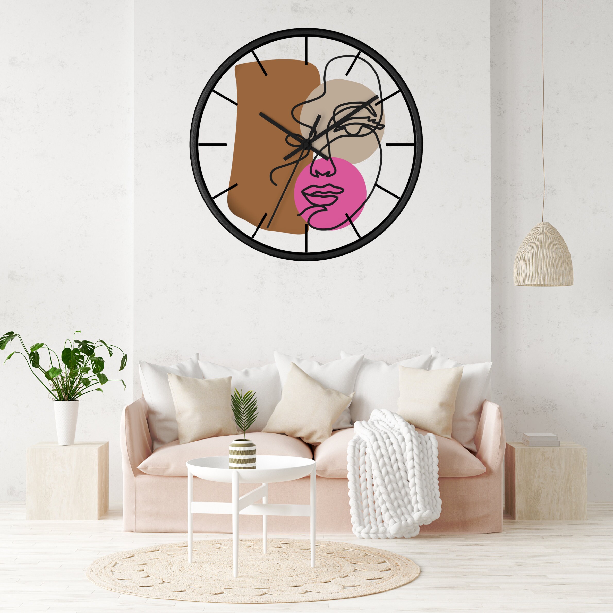 Line Art Wall Clock, Trendy Wall Clock, Choice of 3 Colors, Wood Wall ...