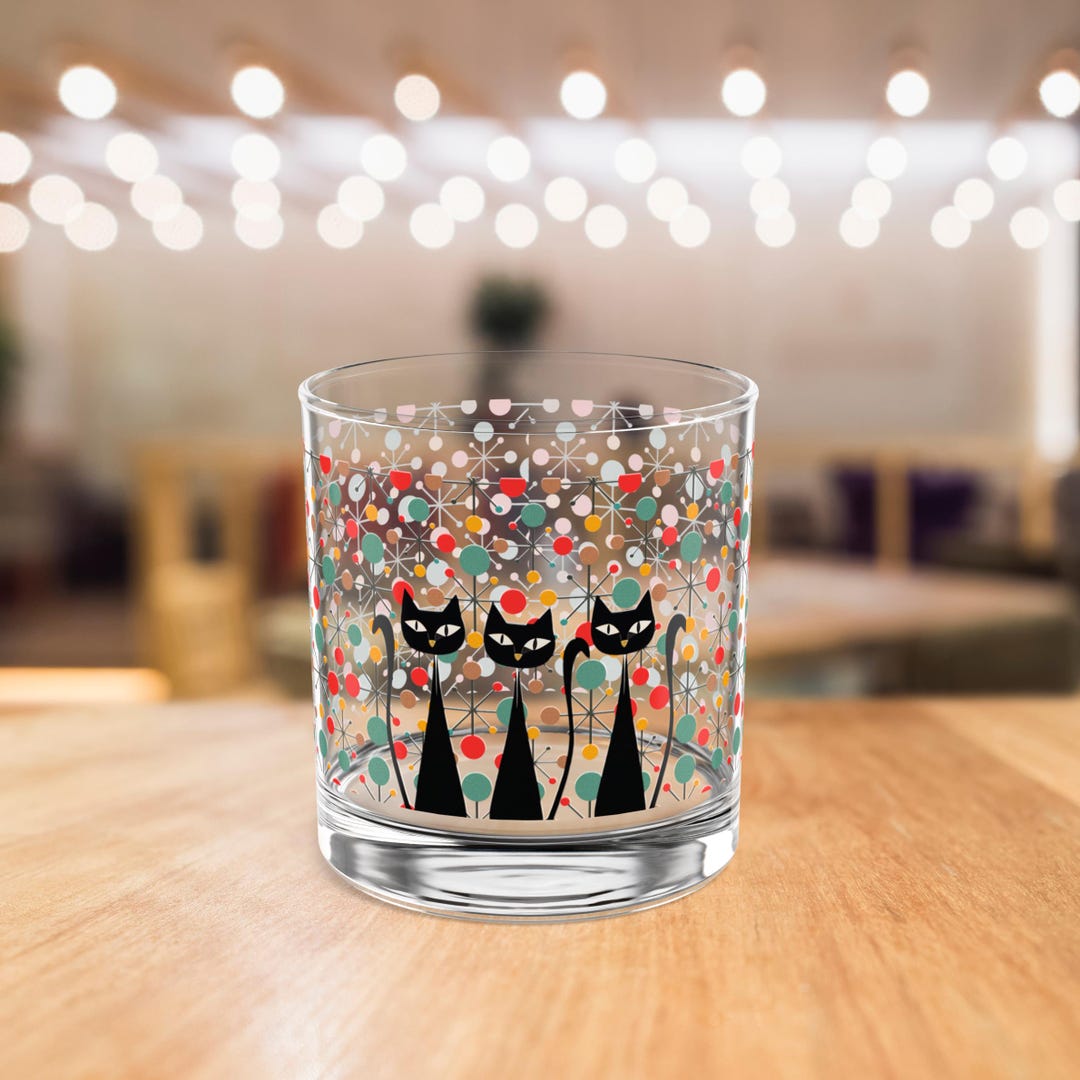Atomic Retro Cats Rocks Glass, 10oz Mid Century Modern Lowball Whiskey ...
