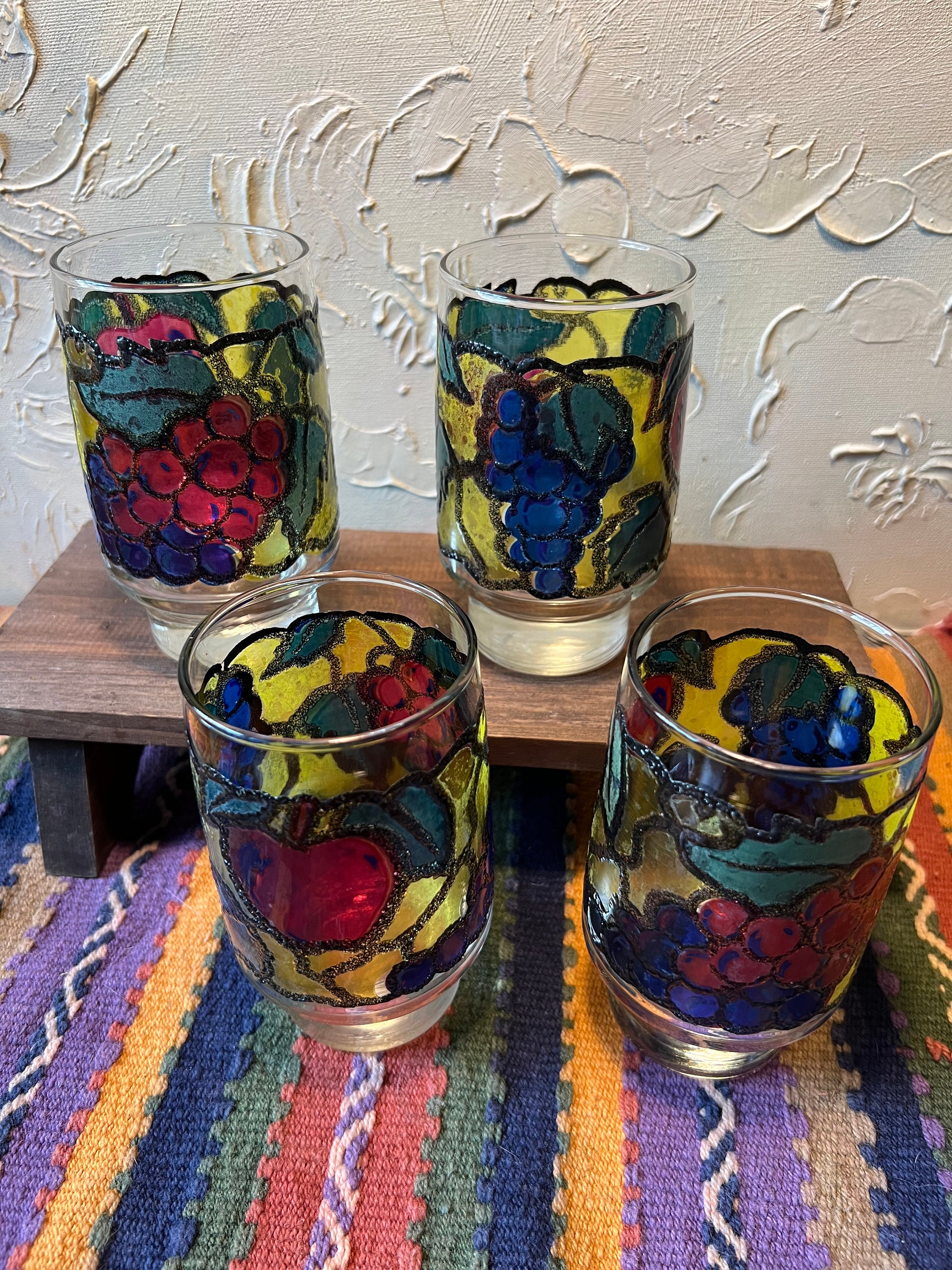 Vintage Libbey Leaded Stained Glass Glasses - Set of 4 - Fruit / Apples ...