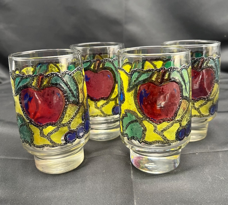 Vintage Libbey Leaded Stained Glass Glasses - Set of 4 - Fruit / Apples ...