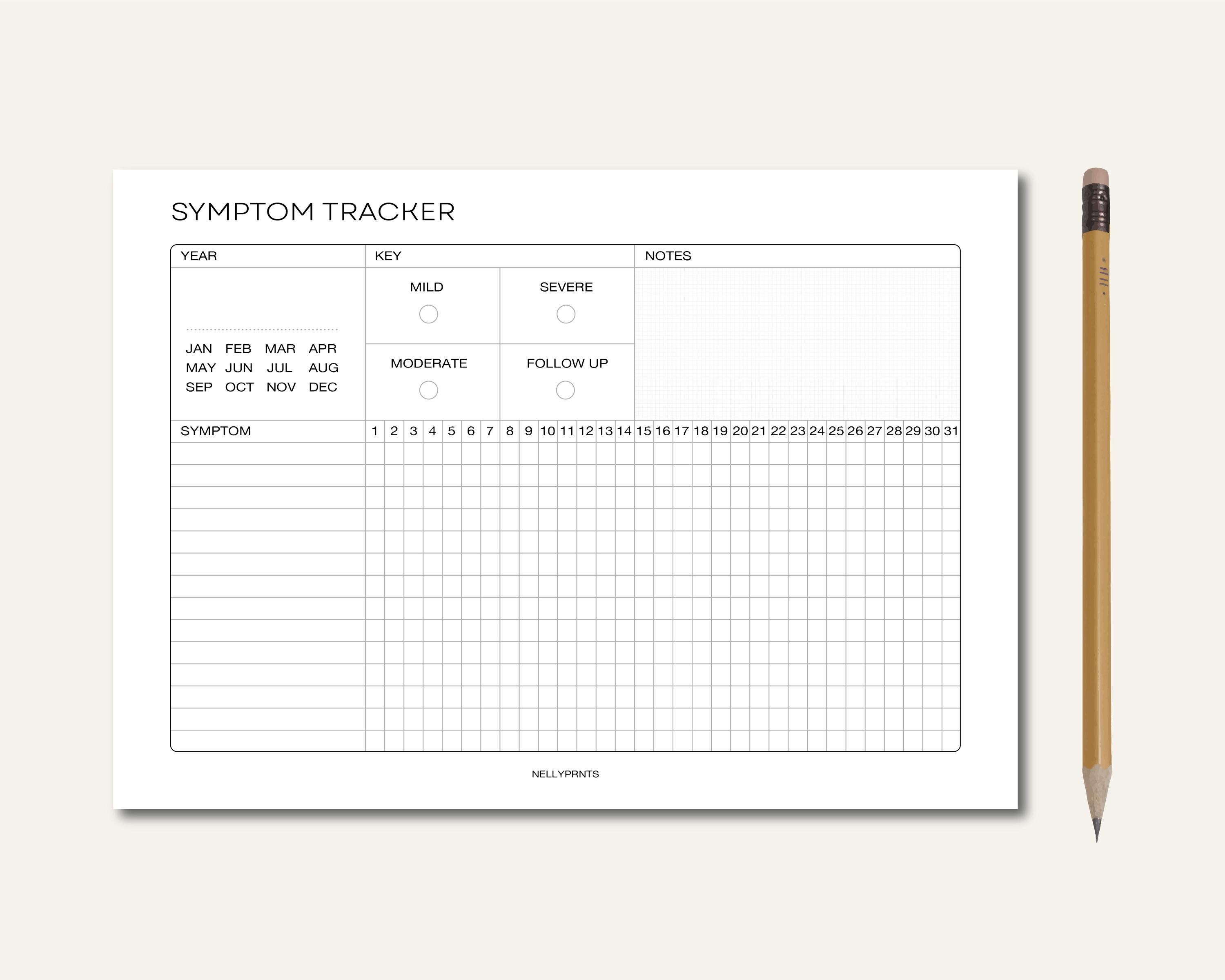 Monthly Symptom Tracker, Health Tracker, Symptom Log, Symptom Frequency ...