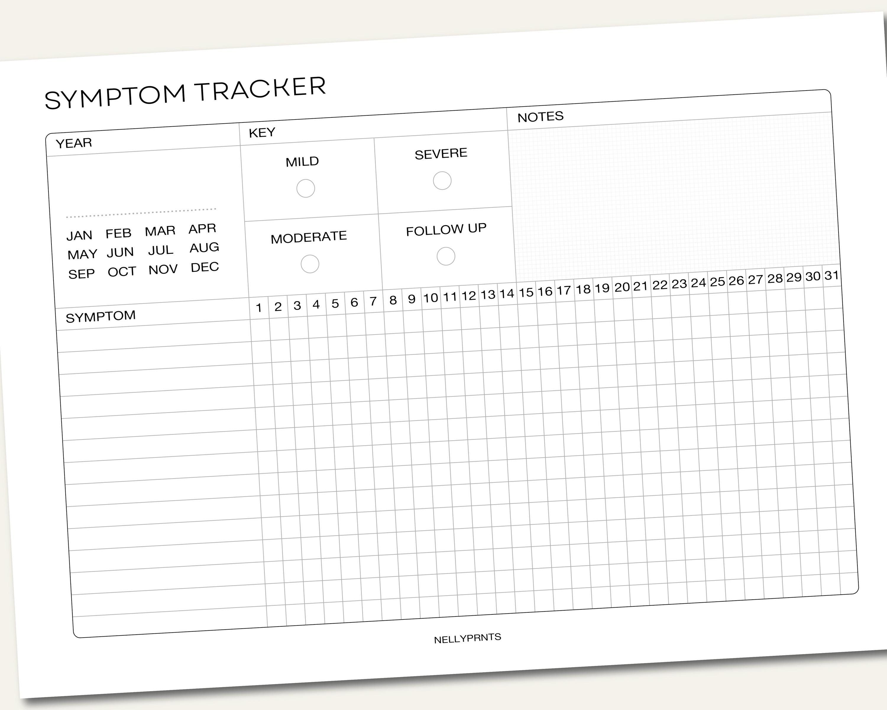 Monthly Symptom Tracker, Health Tracker, Symptom Log, Symptom Frequency ...