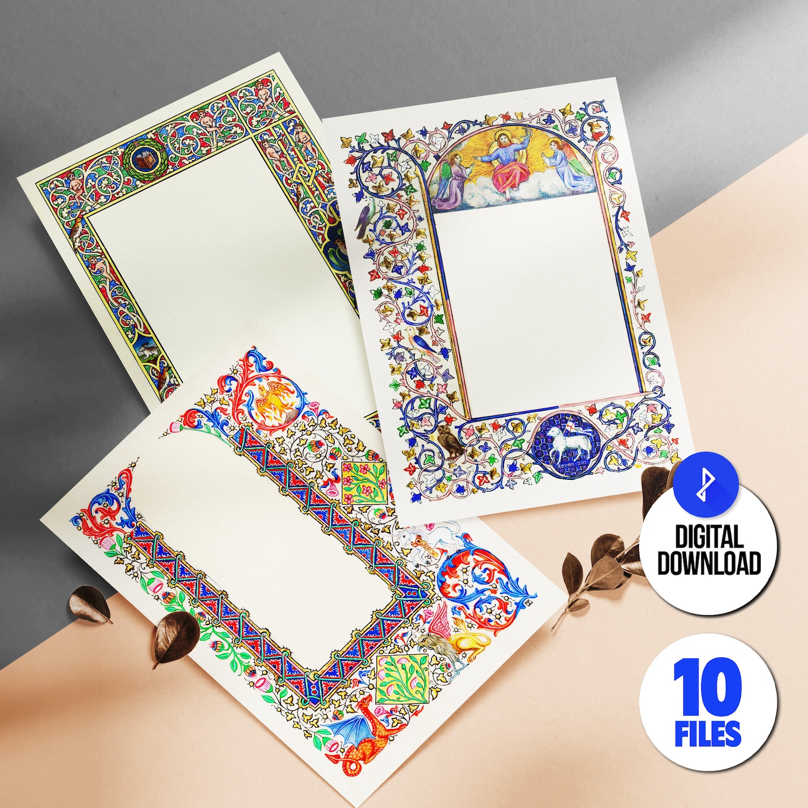 10 Medieval Illuminated Manuscript Pages, Frame Journal Pages ...